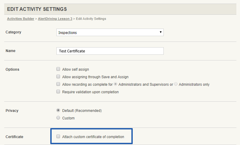 How do I create a new custom certificate and attach it to an activity?