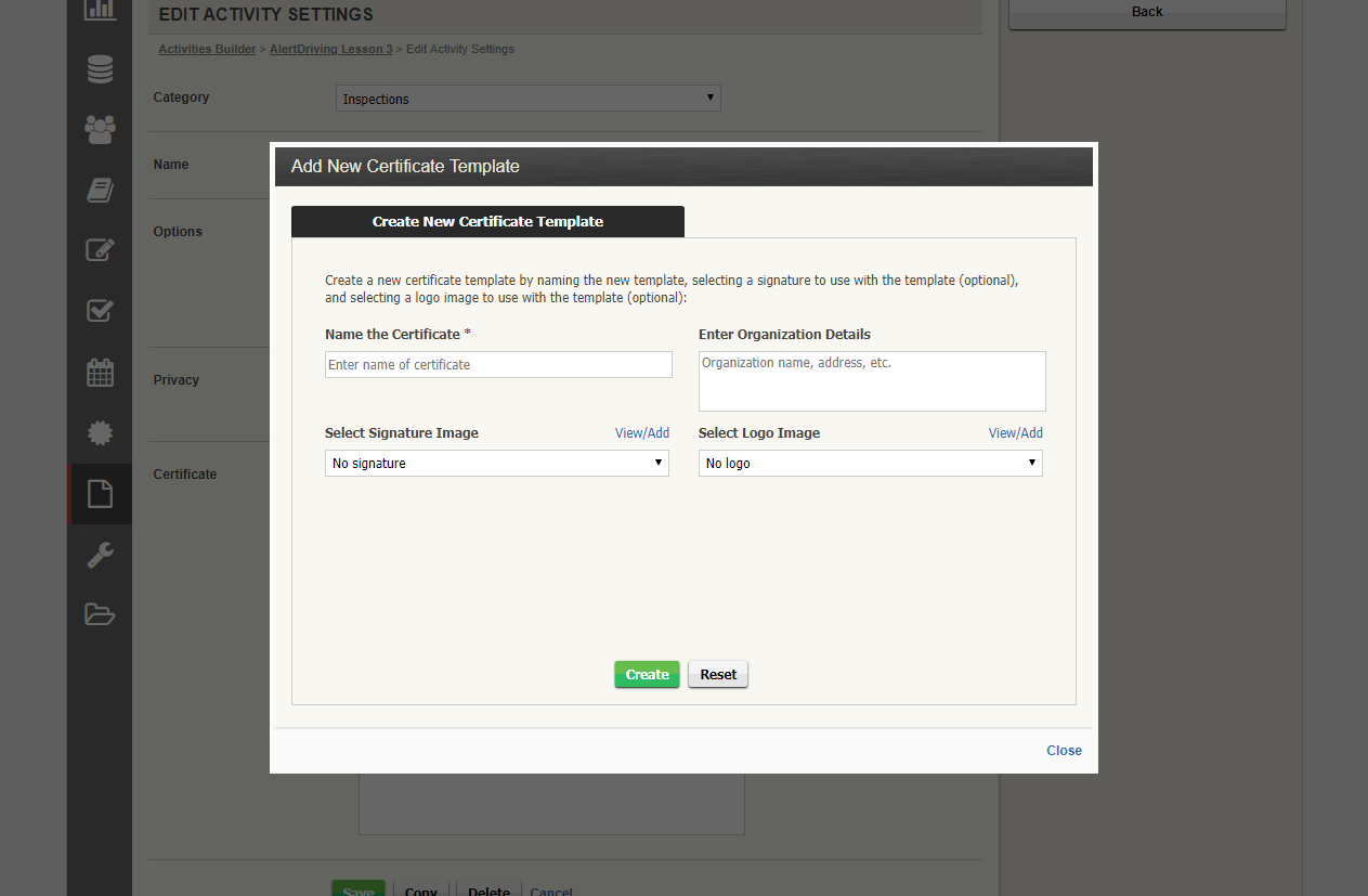 How do I attach a custom certificate to an activity?