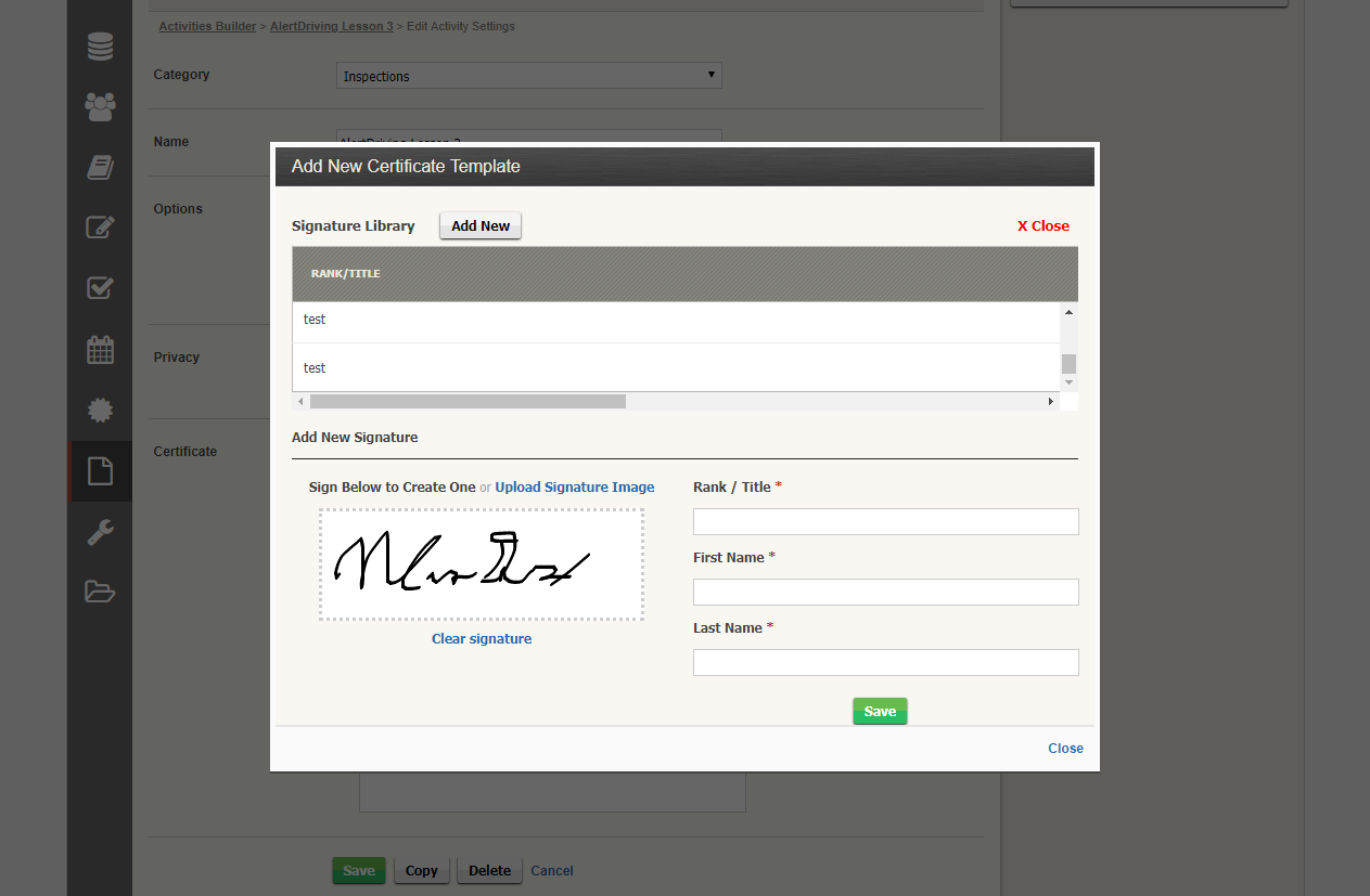 How do I attach a custom certificate to an activity?