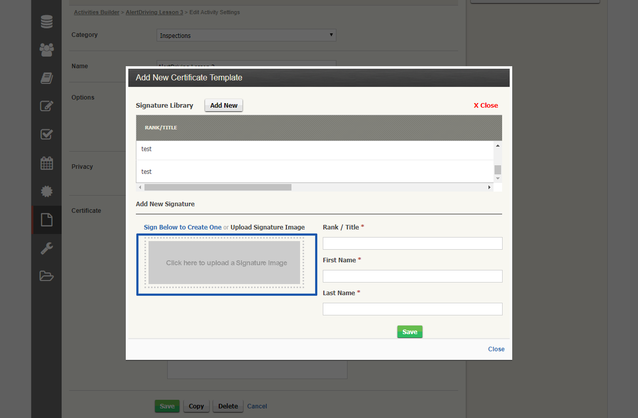 How do I attach a custom certificate to an activity?