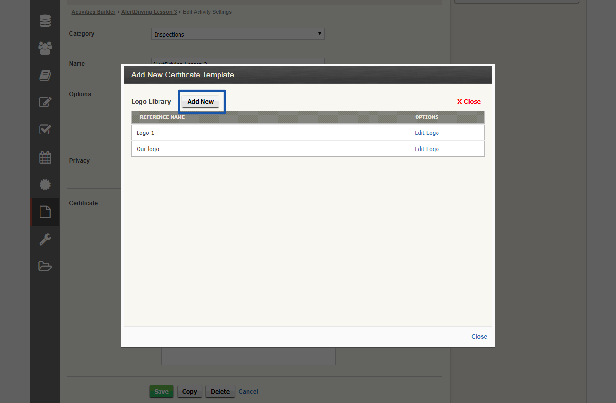 How do I attach a custom certificate to an activity?