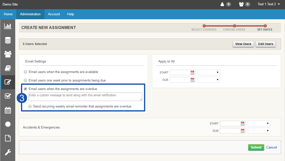 How do I send custom messages or emails when I send out an assignment?