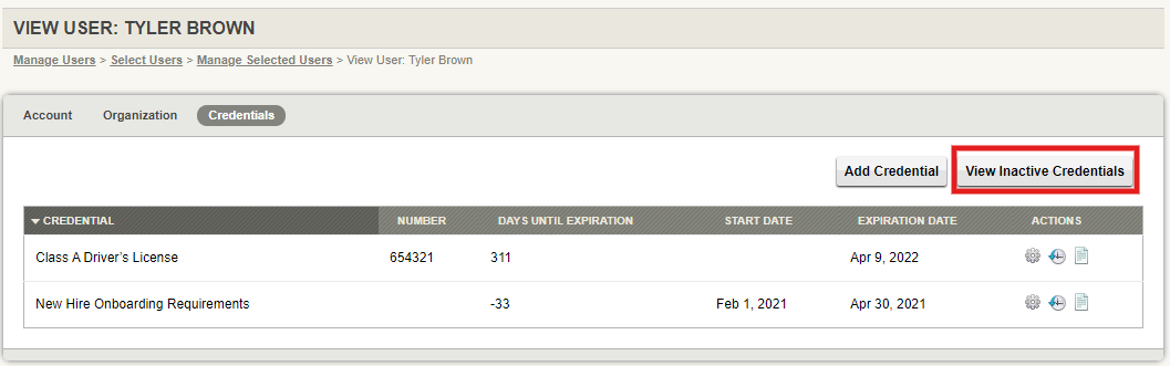 Inactivating a User from a Credential