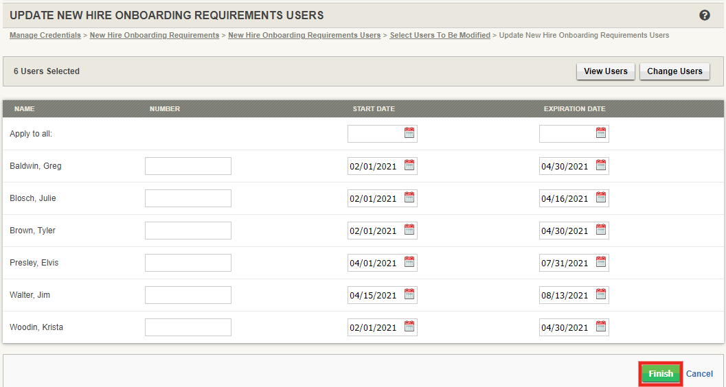 How do I update Credential Start and Expiration dates in mass?