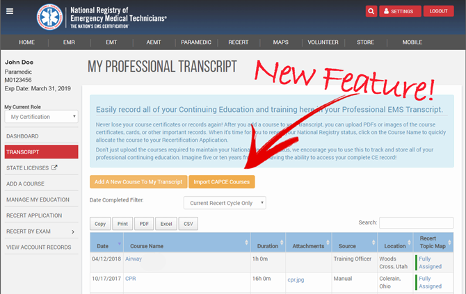 How can I import my CAPCE course completions to National Registry of ...